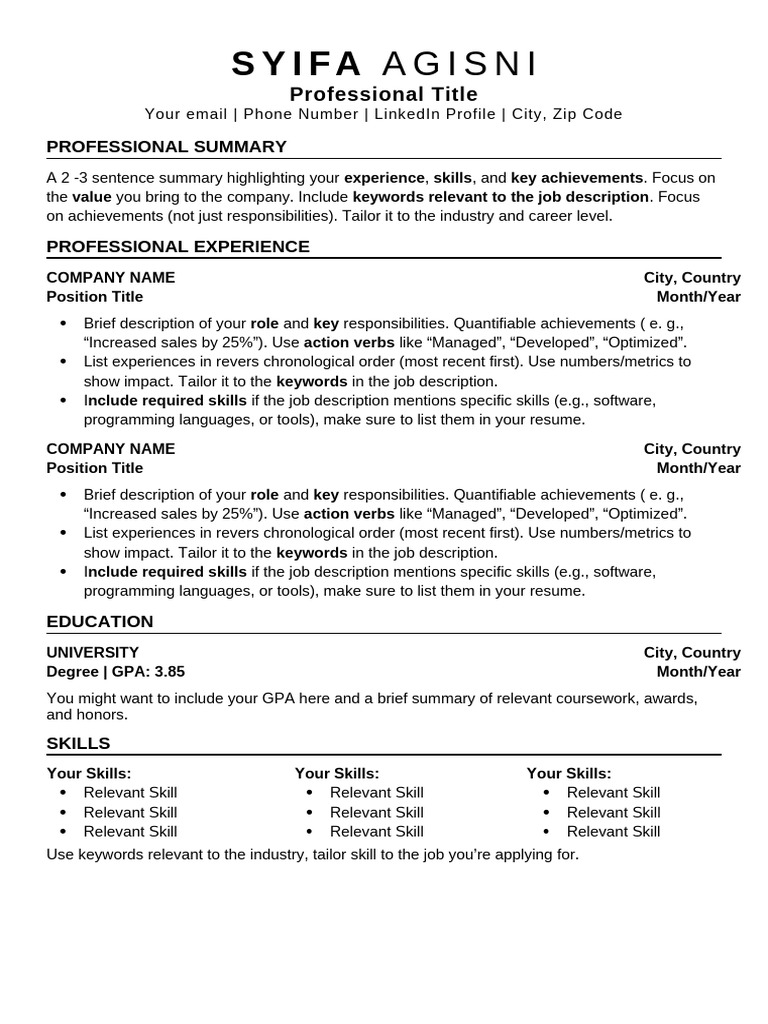 ONE PAGE A4 SA Resume Template | PDF | Résumé | Linguistics