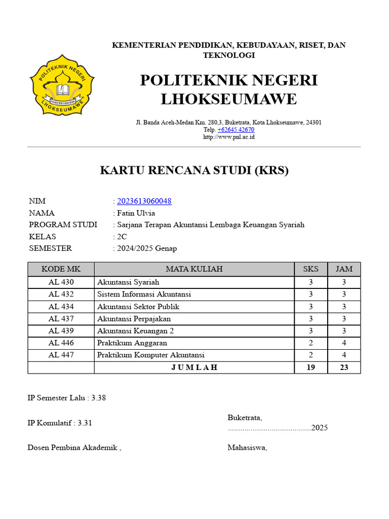 Kartu Rencana Studi (KRS) - Politeknik Negeri Lhokseumawe | PDF