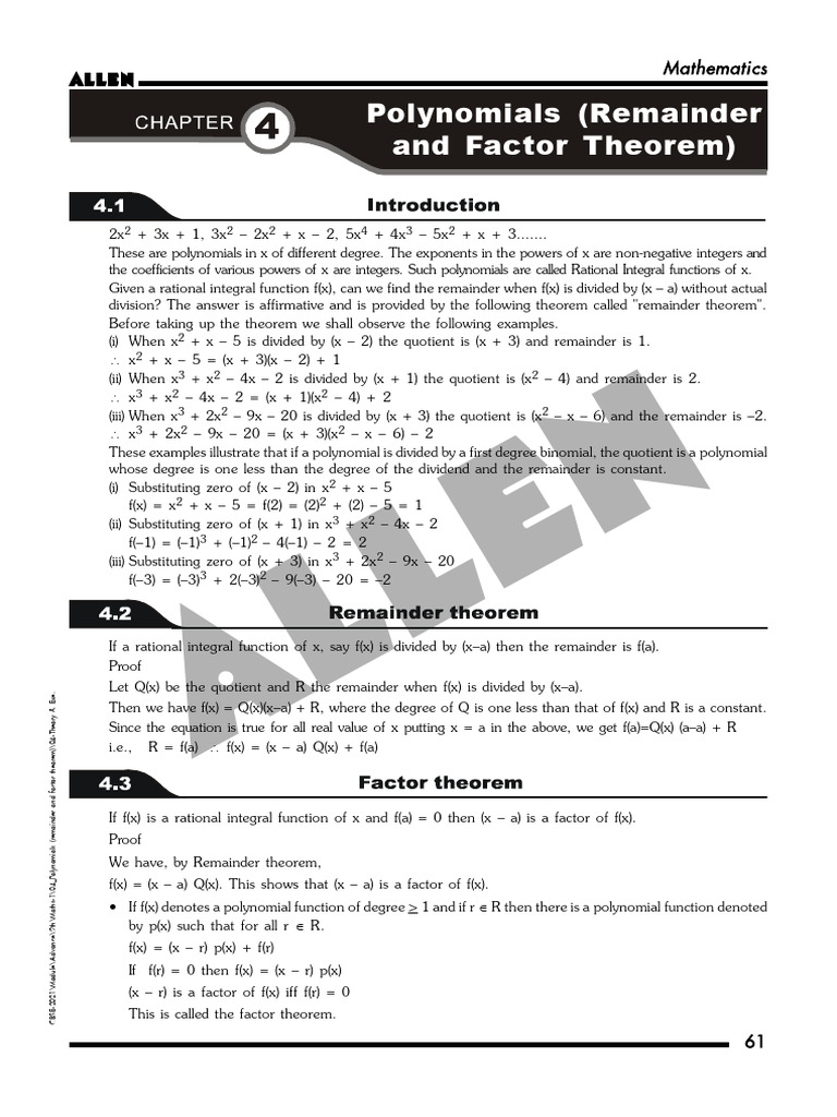 9th - Advance - Maths - 04 - Polynomials (Remainder and Factor Theorem ...
