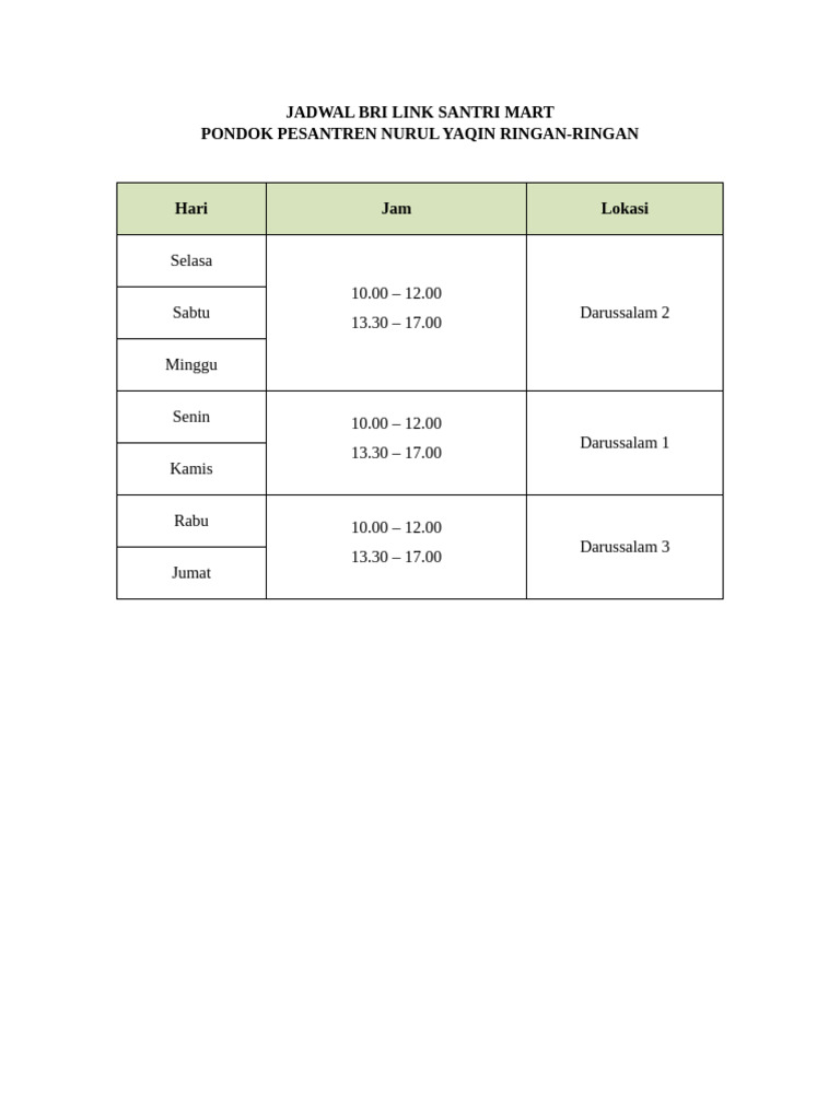 Jadwal Bri Link Santri Mart | PDF