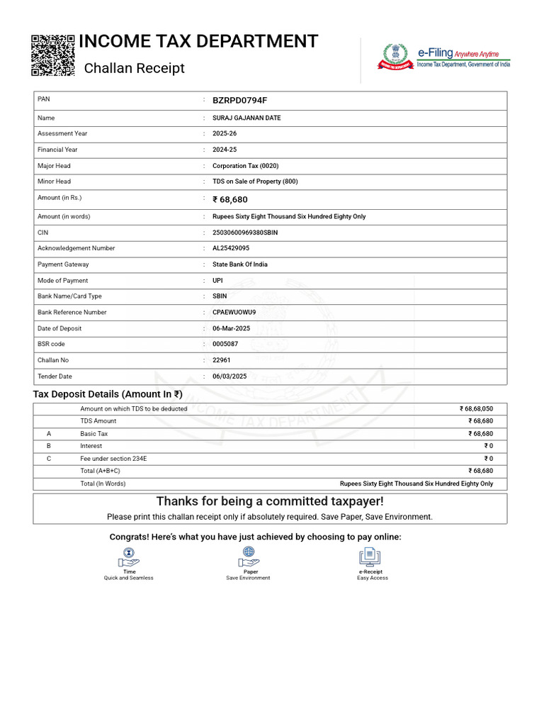 25030600969380SBIN_ChallanReceipt (1) | PDF | Taxes | Receipt