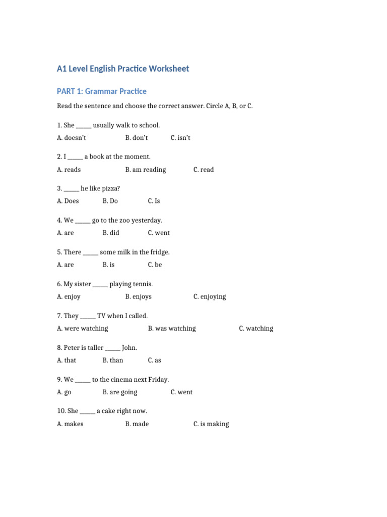 A1 English Practice Worksheet | PDF