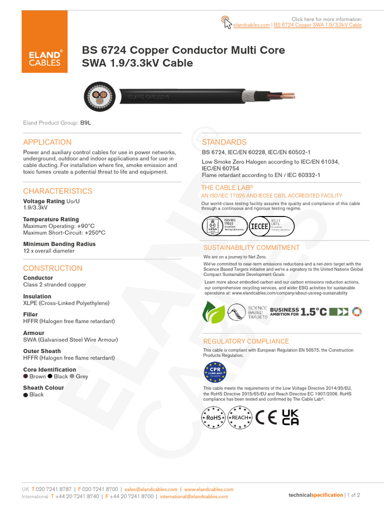 Bs 6724 Copper Conductor Multi Core Swa 1 9 3 3kv Cable | PDF ...