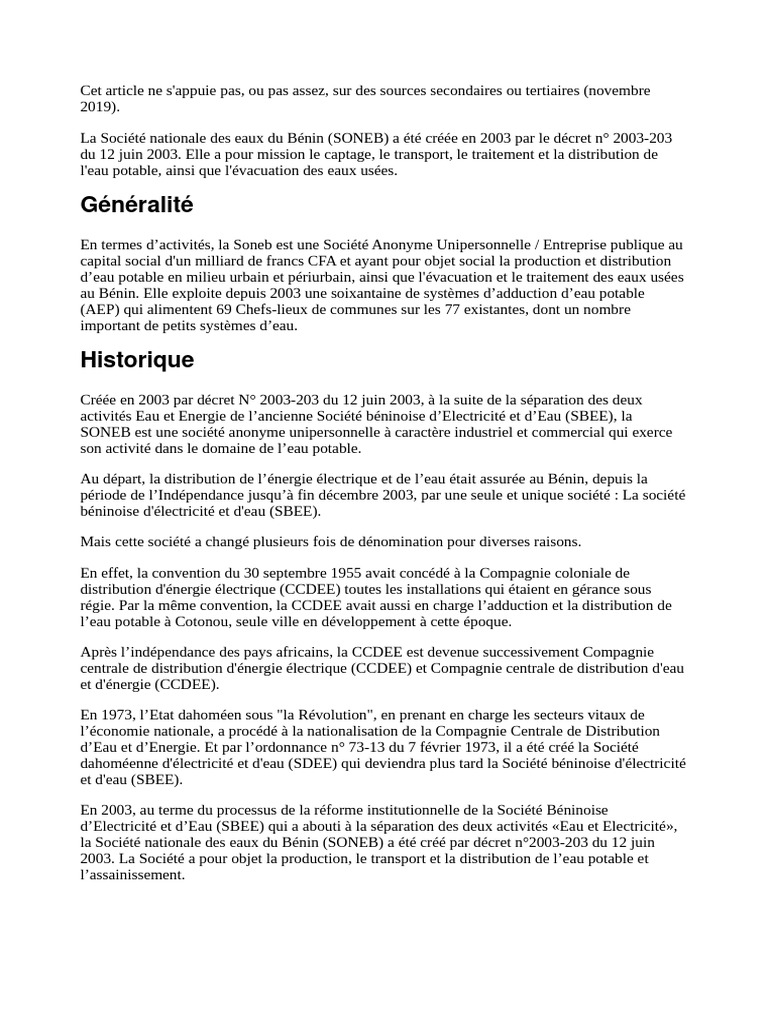 Histoire et mission de la SONEB au Bénin | PDF | Économie énergétique | Eau