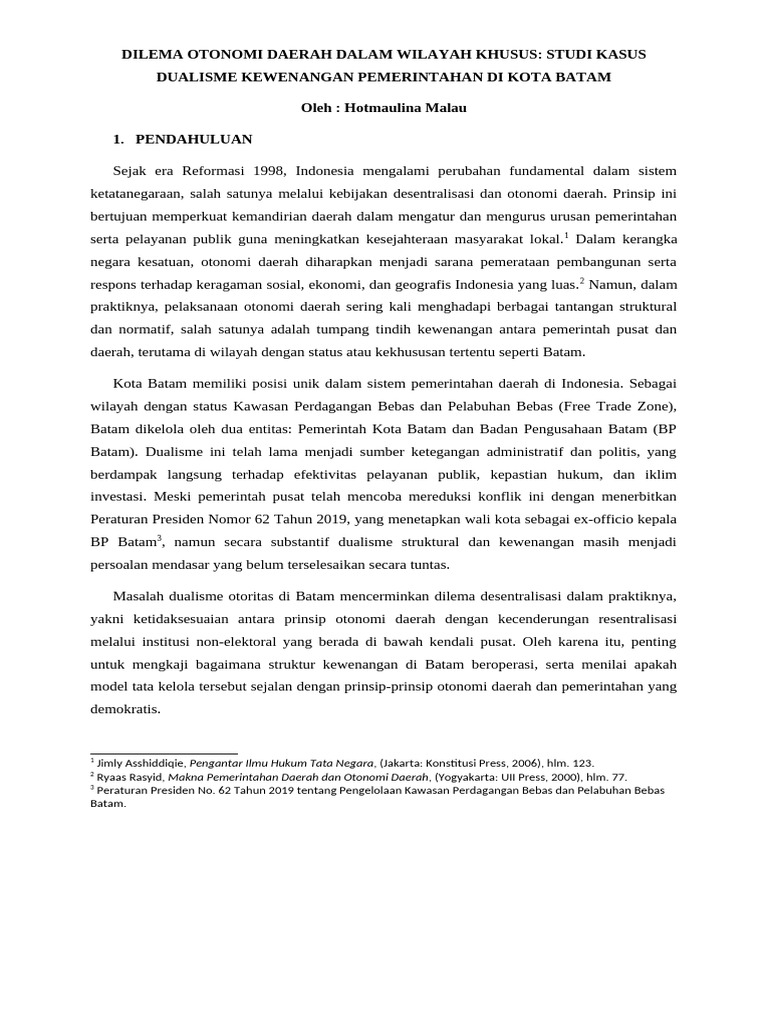 Dualisme Kewenangan di Batam: Tantangan Otonomi | PDF