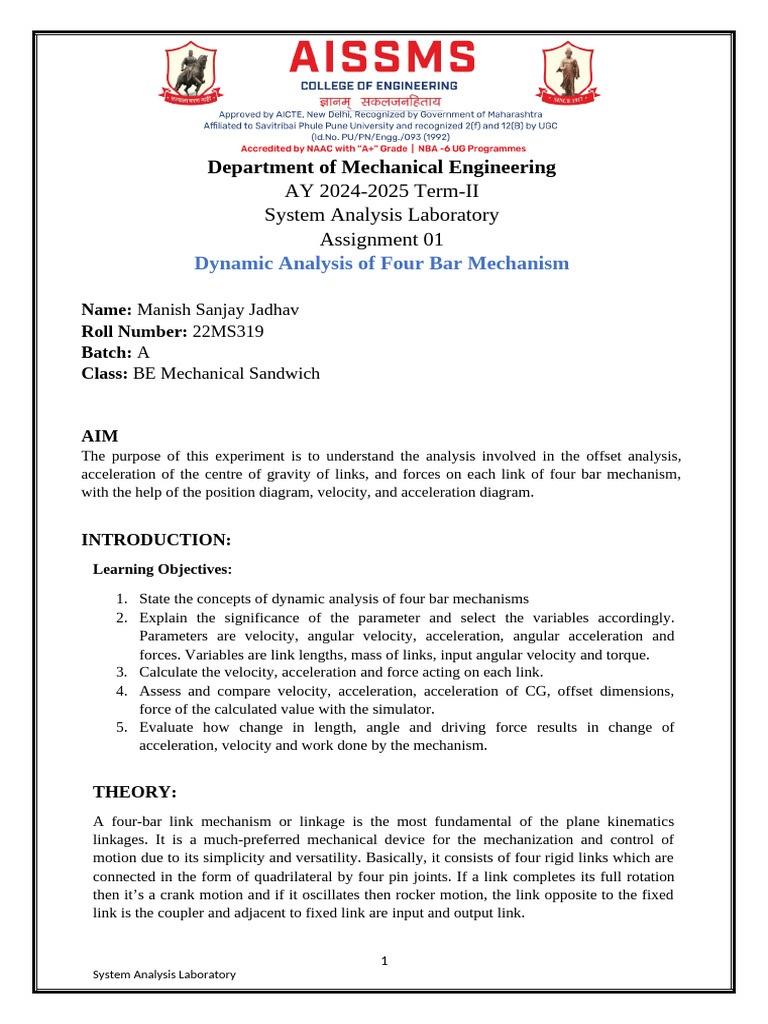 Manish MBD 1 Dynamic Analysis of Four Bar Mechanism | PDF ...