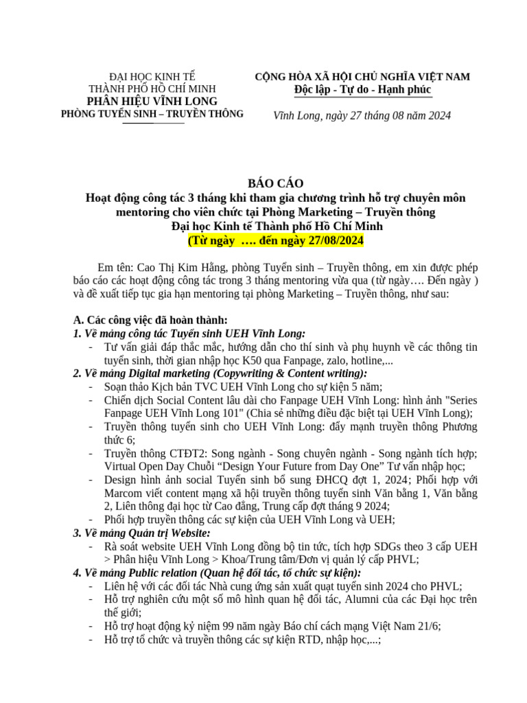 Bao cao hoat dong mentoring thang 7,8 - Cao Thi Kim Hang | PDF