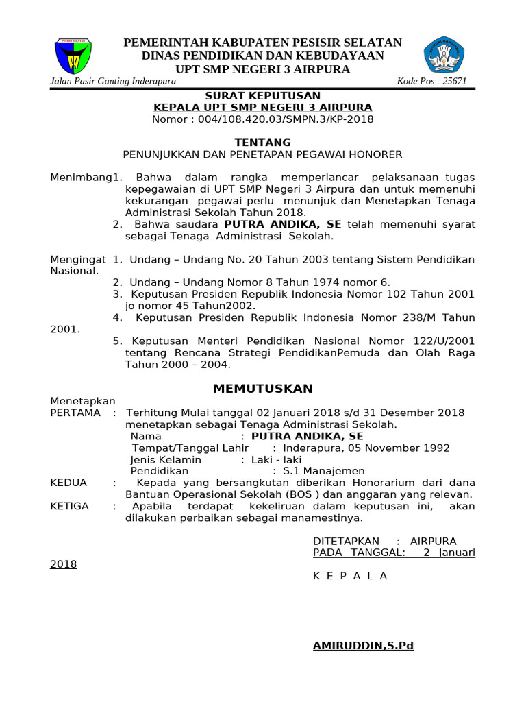 SK TUGAS GURU HONORER 2024 OKE | PDF