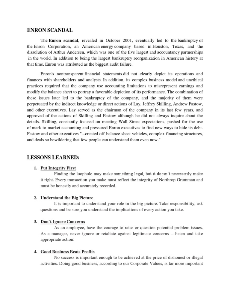 Lessons From Enron Scandal | PDF | Business | Economies