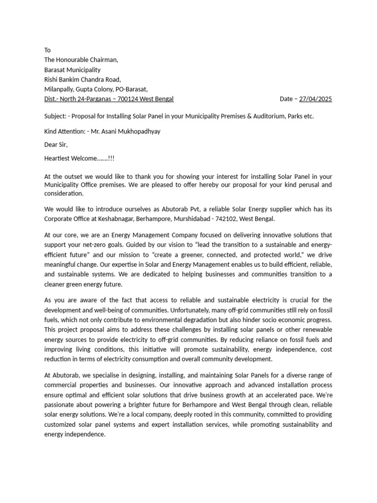 Municipality Proposal Letter | PDF | Solar Power | Solar Panel