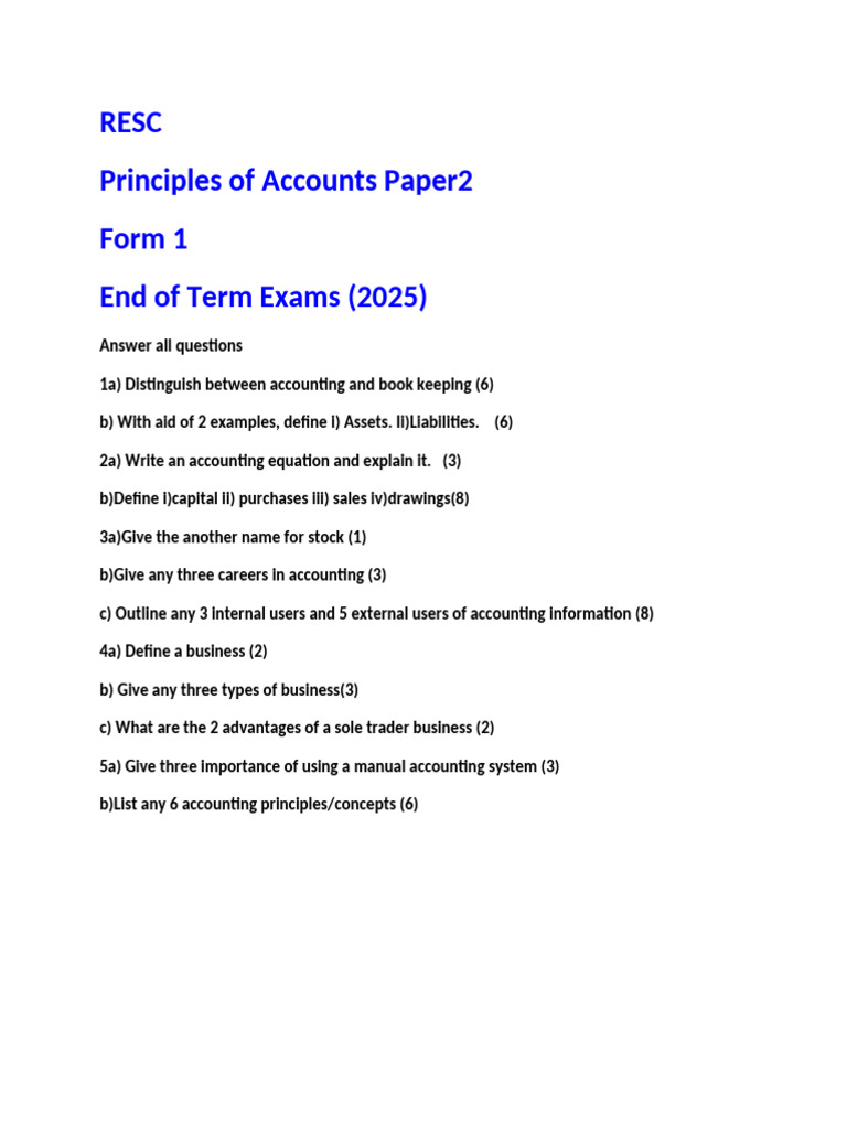 Form 1 Principles of Accounts Exam 2025 | PDF