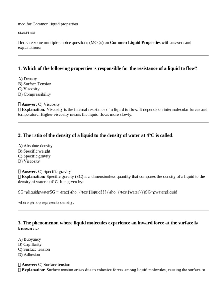 MCQ For Common Liquid Properties 2025 | PDF | Viscosity | Fluid Dynamics