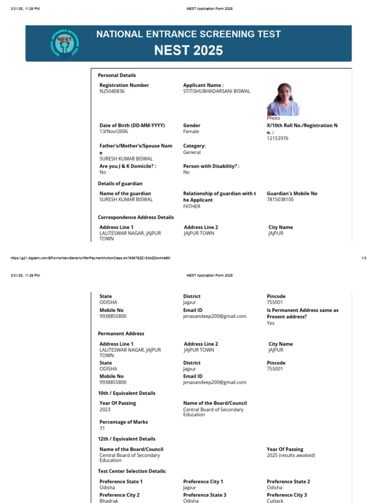 NEST Application Form 2025 | PDF