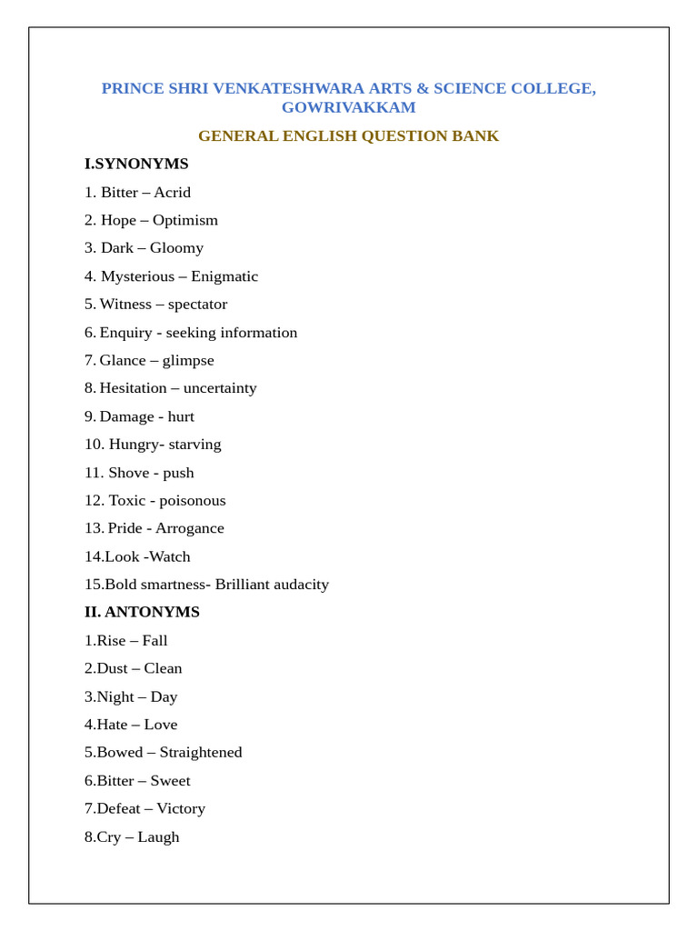 General English Question Bank | PDF
