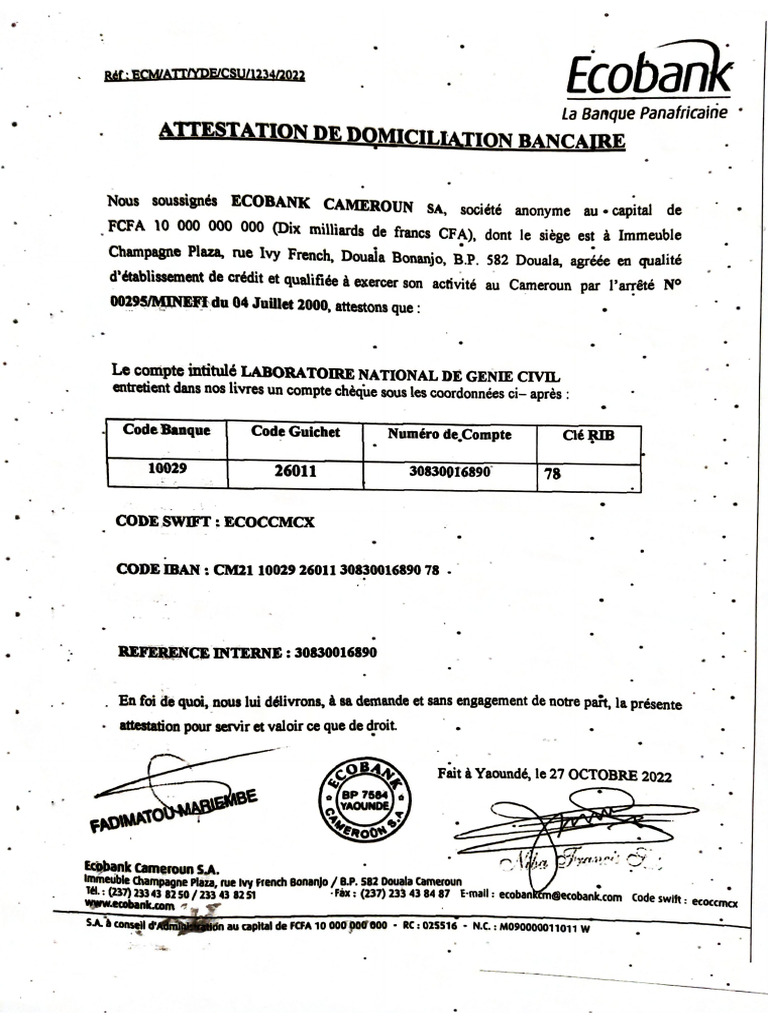 Attestation de Domiciliation Bancaire LABOGENIE | PDF