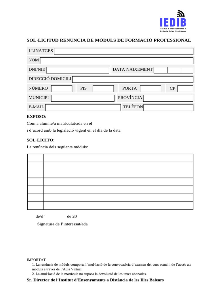 SOL·LICITUD RENÚNCIA MÒDULS FP5 | PDF
