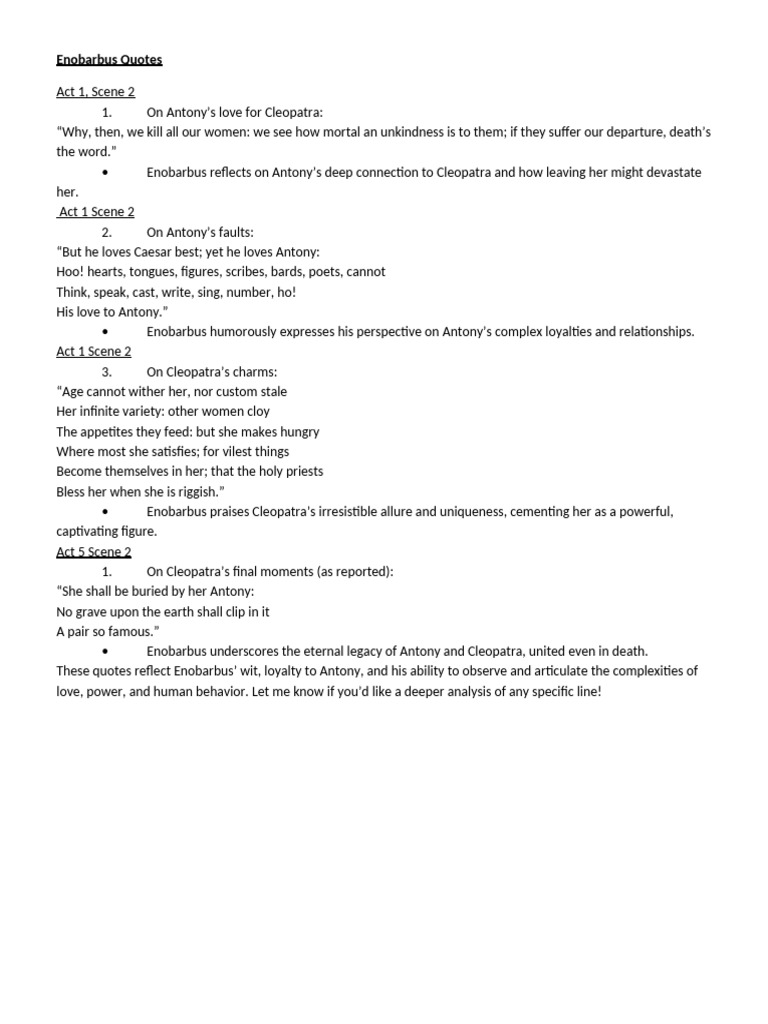 Enobarbus Quotes Grade 10 | PDF