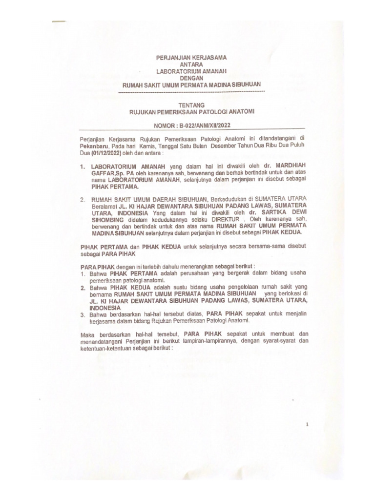 Mou Lab. Amanah Dr. Mardiah Gaffar Pku | PDF