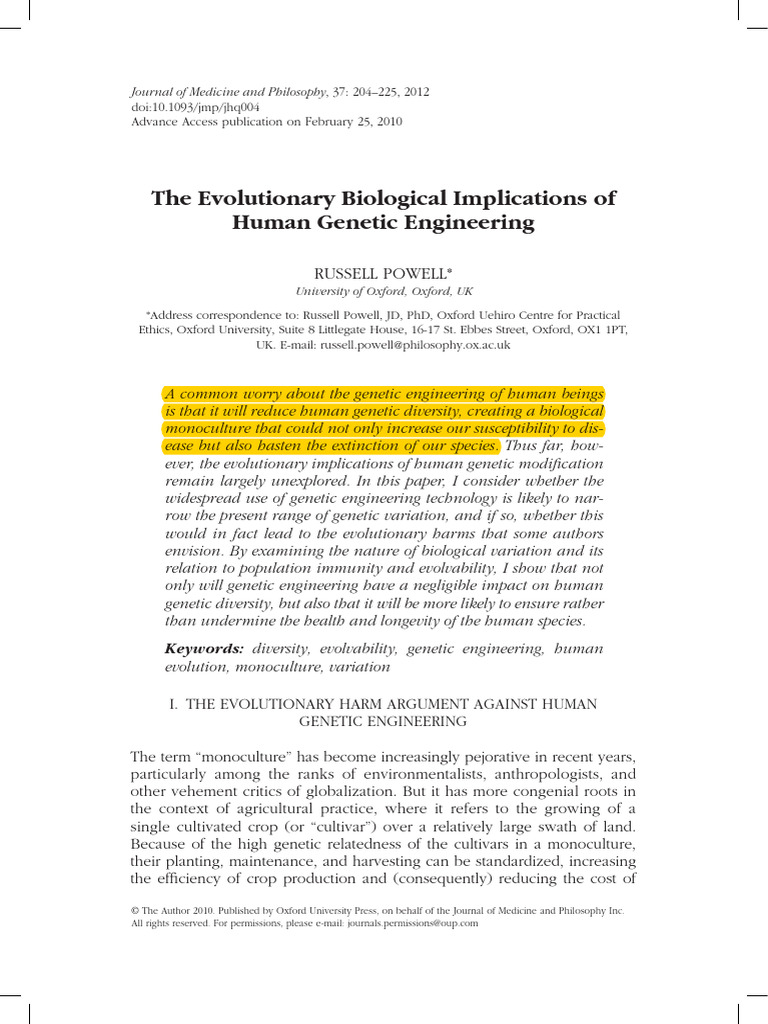 The Evolutionary Biological Implications of Human Genetic Engineering ...