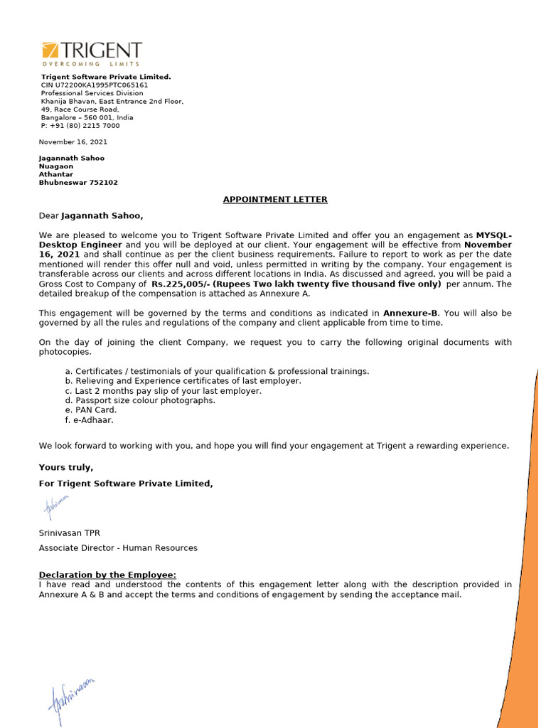 Trigent Software Appointment Letter | PDF | Employment | Overtime