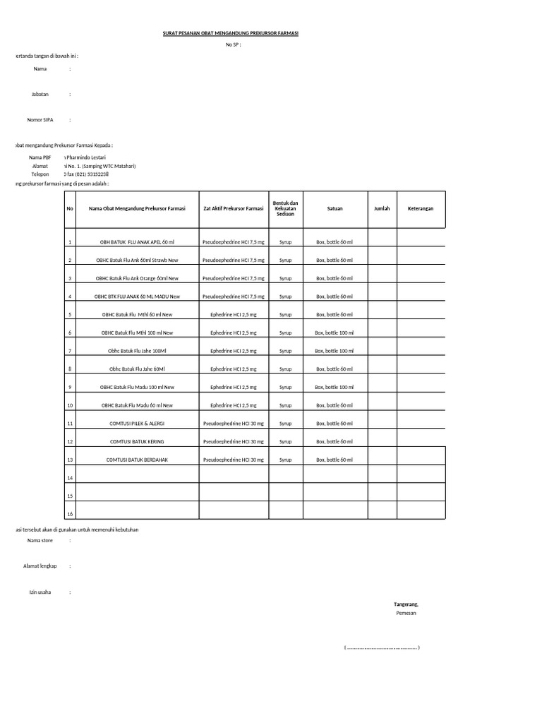 SURAT PESANAN OBAT MENGANDUNG PREKURSOR FARMASI | PDF