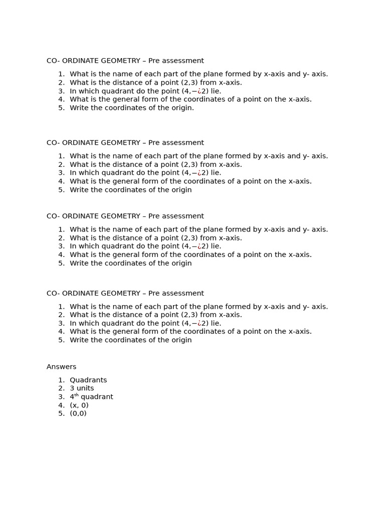 Coordinate Geometry Pre-Assessment Quiz | PDF