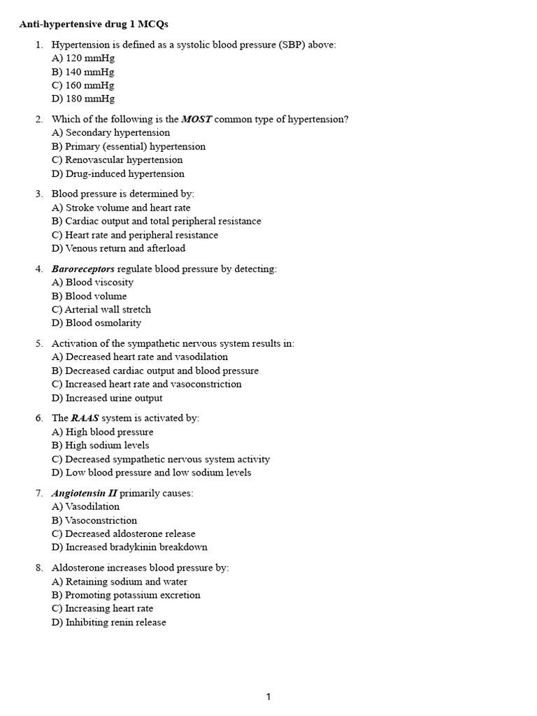 Anti-Hypertensive Drug MCQs Guide | PDF | Blood Pressure | Hypertension