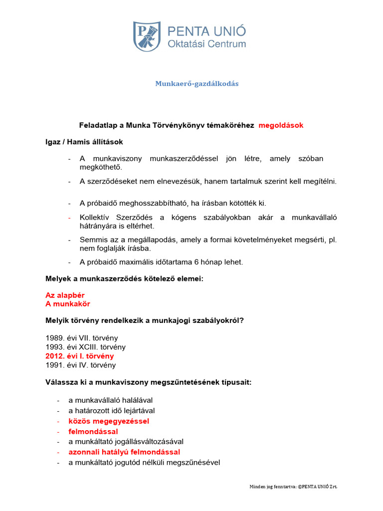 Feladatlap A Munka Törvénykönyv Témaköréhez 1 - Megoldások | PDF