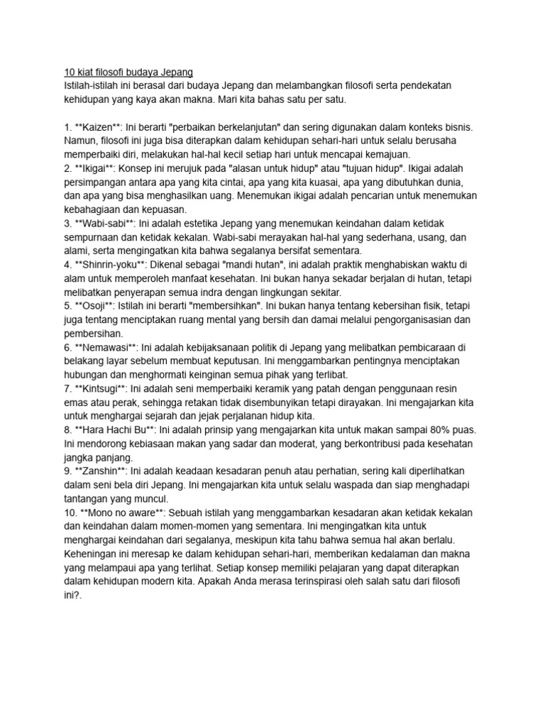 10 Filosofi Budaya Jepang yang Inspiratif | PDF