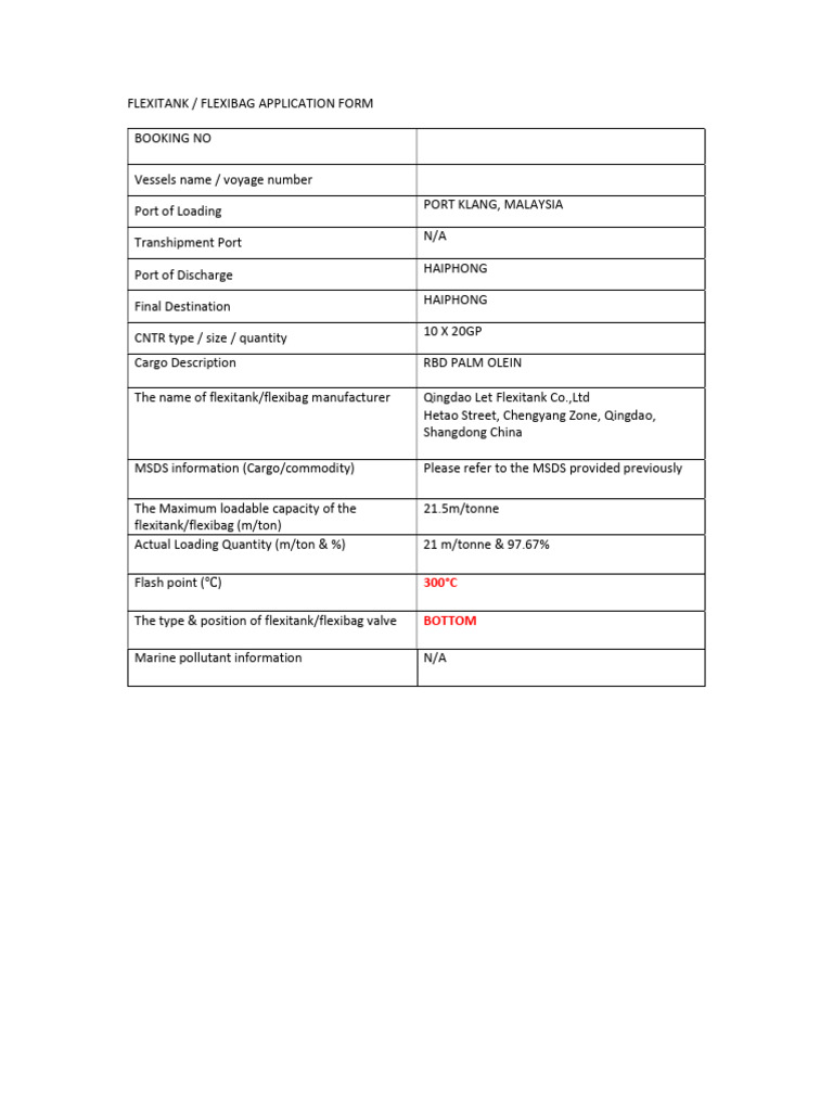 Flexitank Application Form for RBD Palm Olein | PDF