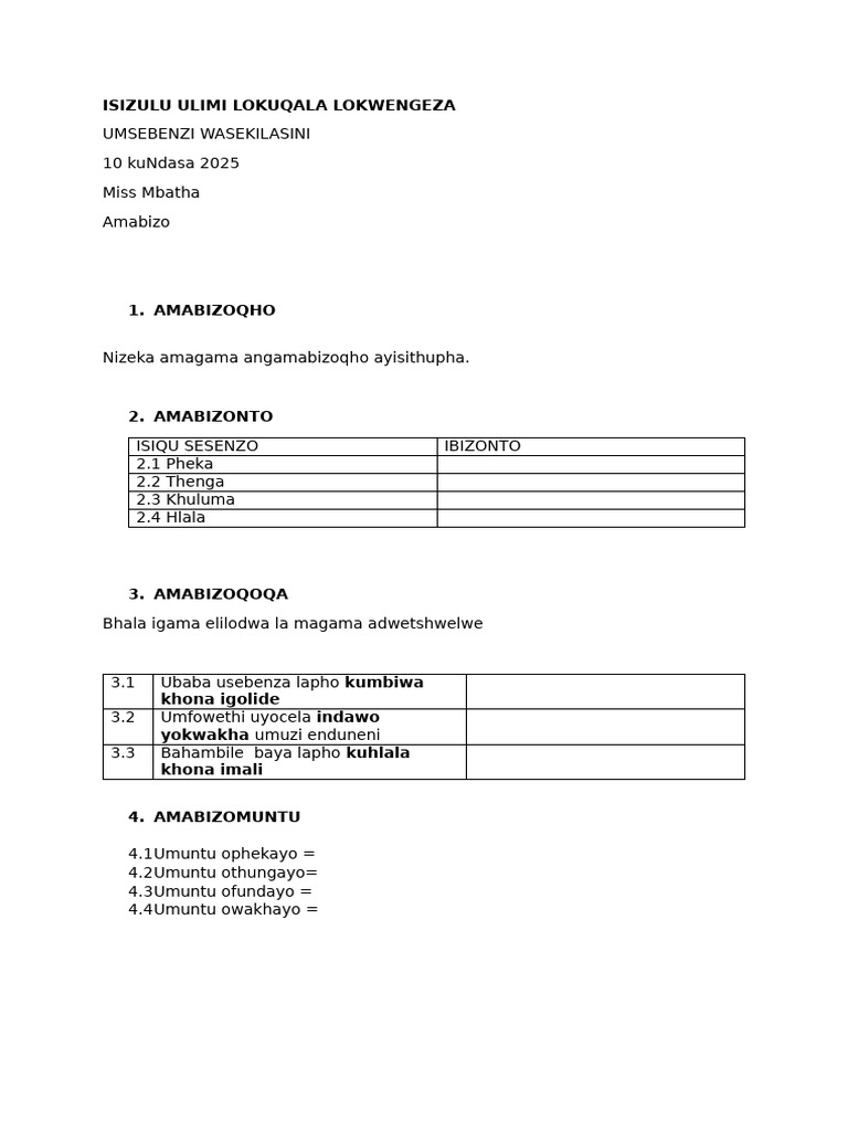 Worksheet Grade 10 Amabizo | PDF