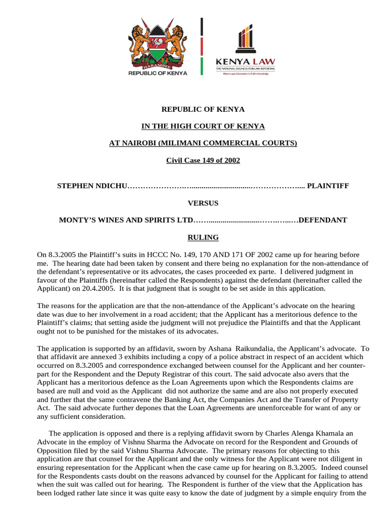 STEPHEN NDICHU V MONTYS WINES AND SPIRITS LTD 2006KEHC3445 (KLR) | PDF | Lawsuit | Judgment (Law)