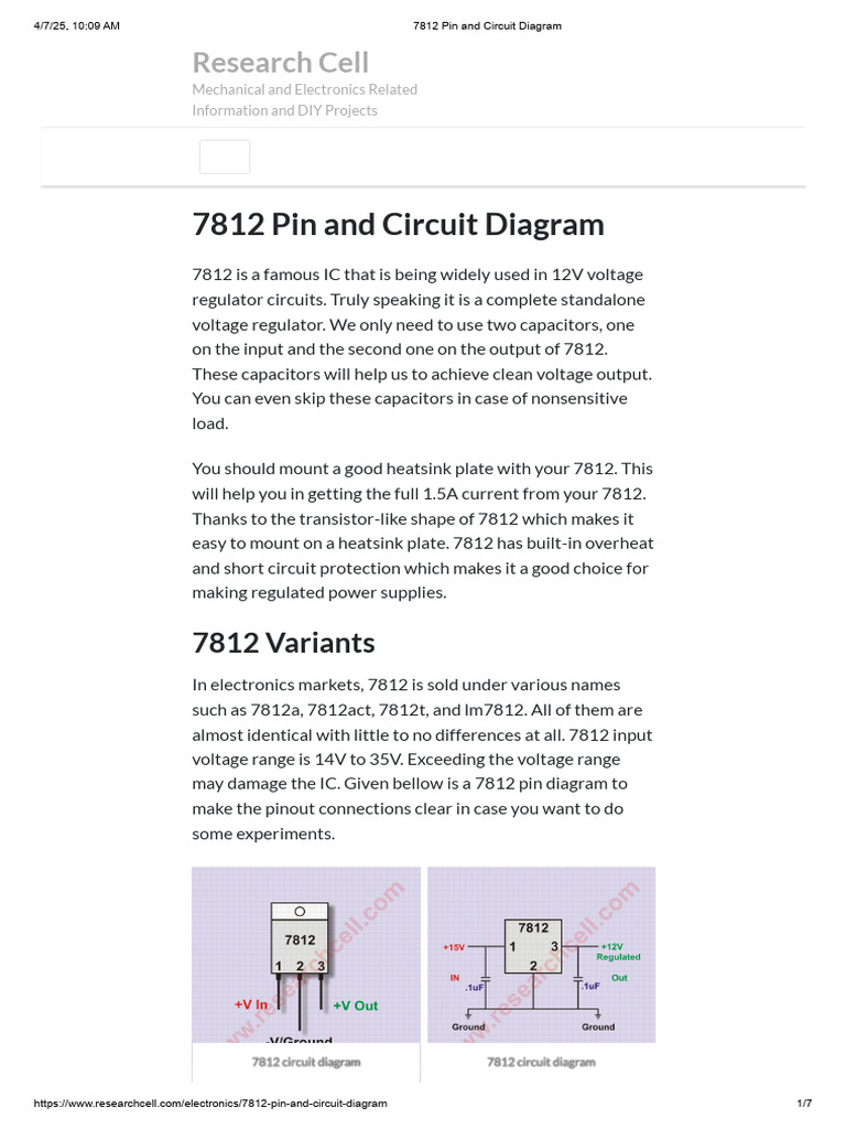 7812 Voltage Regulator Pinout Guide | PDF | Power Supply | Series And ...