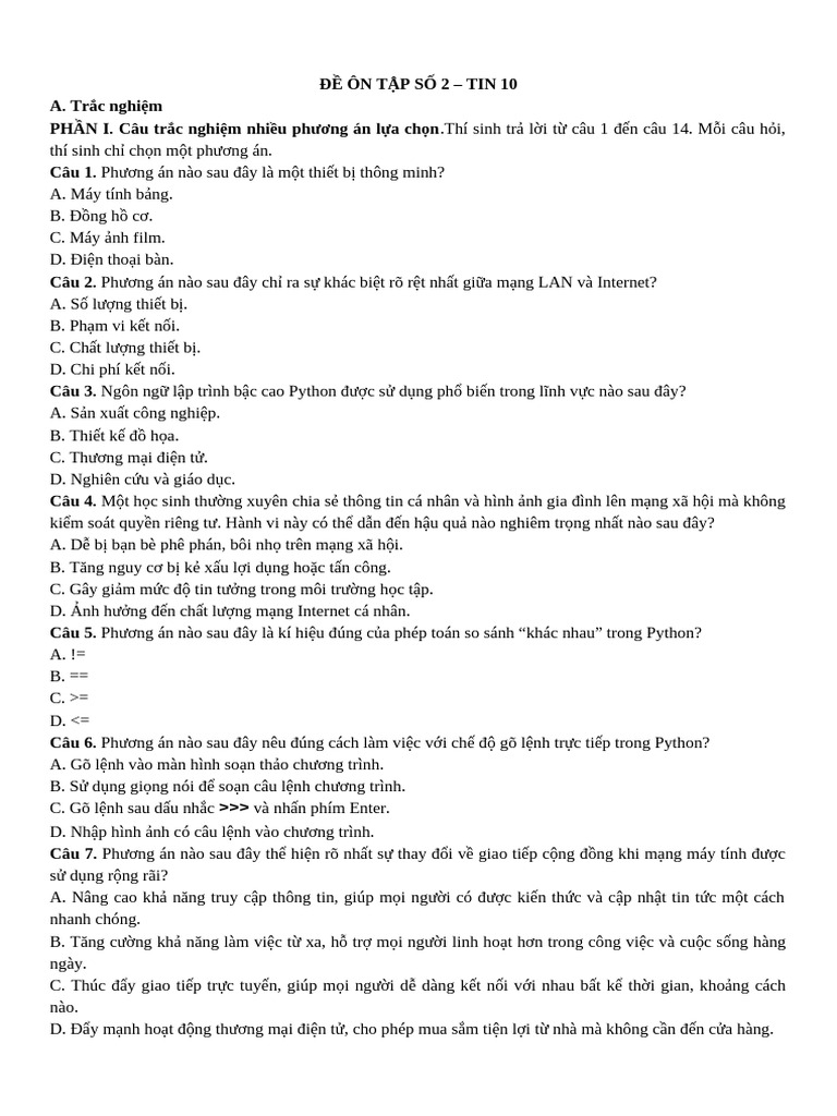 Đề ôn tập tin học 10 ck1 | PDF