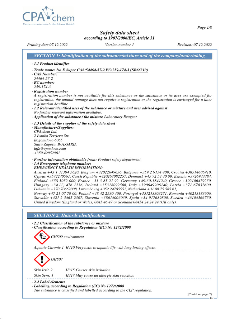 Iso E Super Safety Data Sheet | PDF | Dangerous Goods | Toxicity