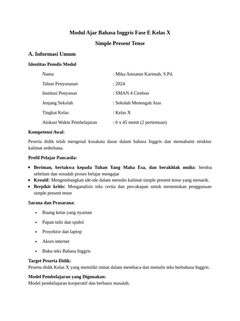 Modul Ajar Simple Present Tense Kelas X | PDF