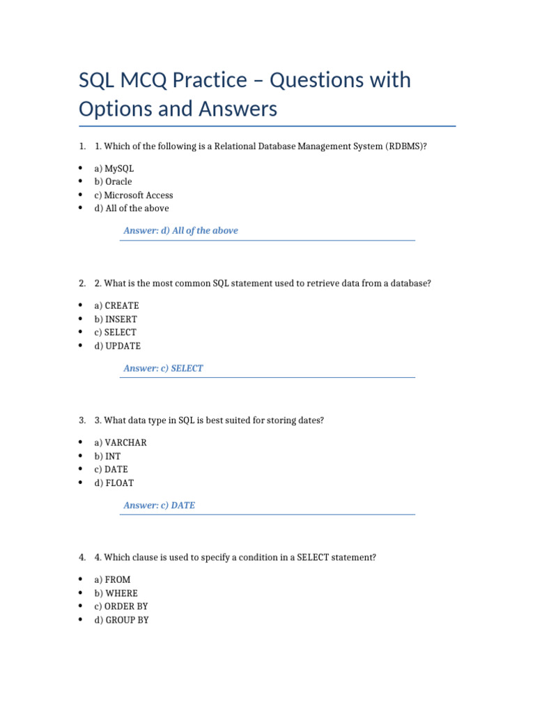 SQL MCQ Practice With Answers | PDF