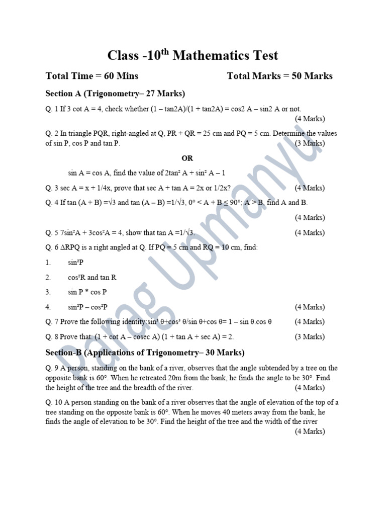 Class 10 Maths Test (Trigno) | PDF | Trigonometry | Flag