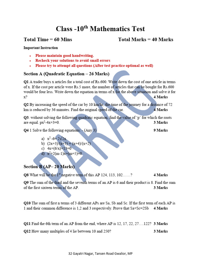 Maths Test Class 10 - Quadratic and AP | PDF | Mathematical Concepts ...