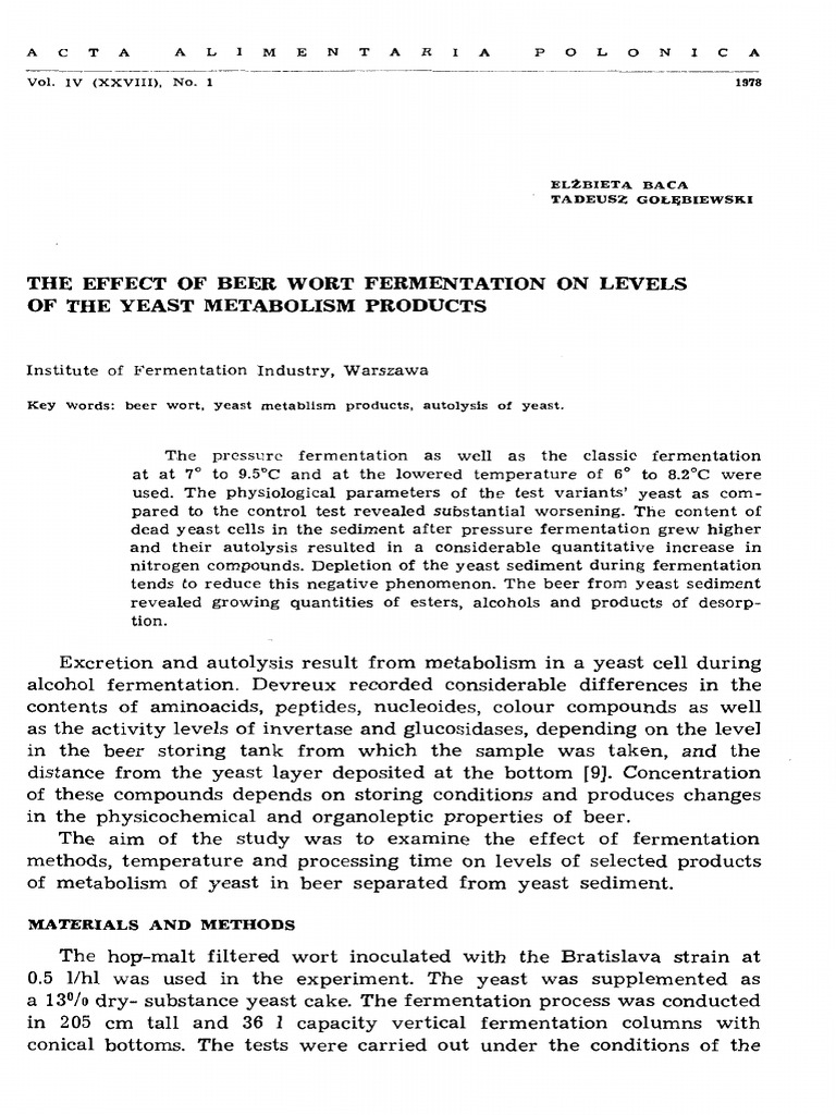 The Effect of Beer Wort Fermentation On Levels | PDF | Beer | Yeast