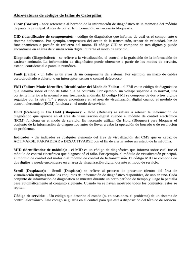 Abreviaturas de Códigos de Fallas de Caterpillar | PDF | Electrónica | Información