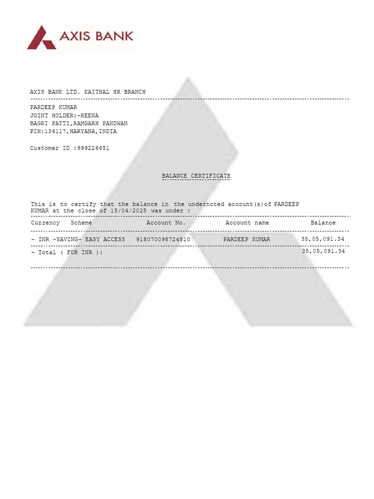 Axis Bank Balance Certificate Summary | PDF | Debit Card | Banks
