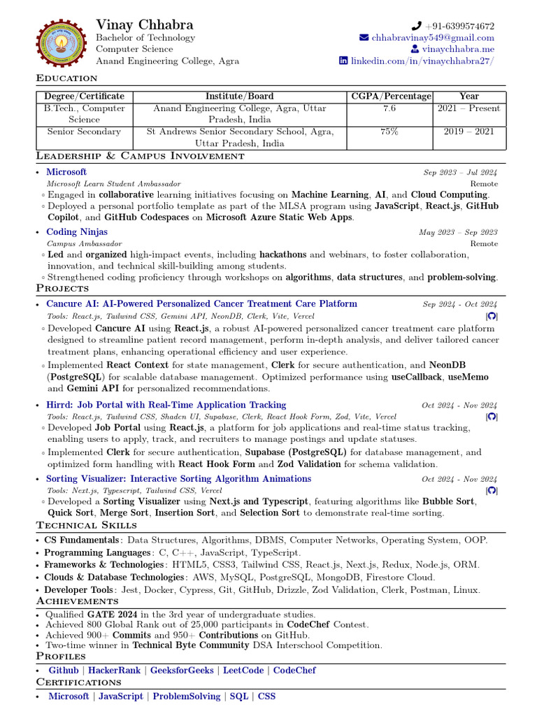 Vinay Chhabra: Computer Science Profile | PDF | Databases | Postgre Sql