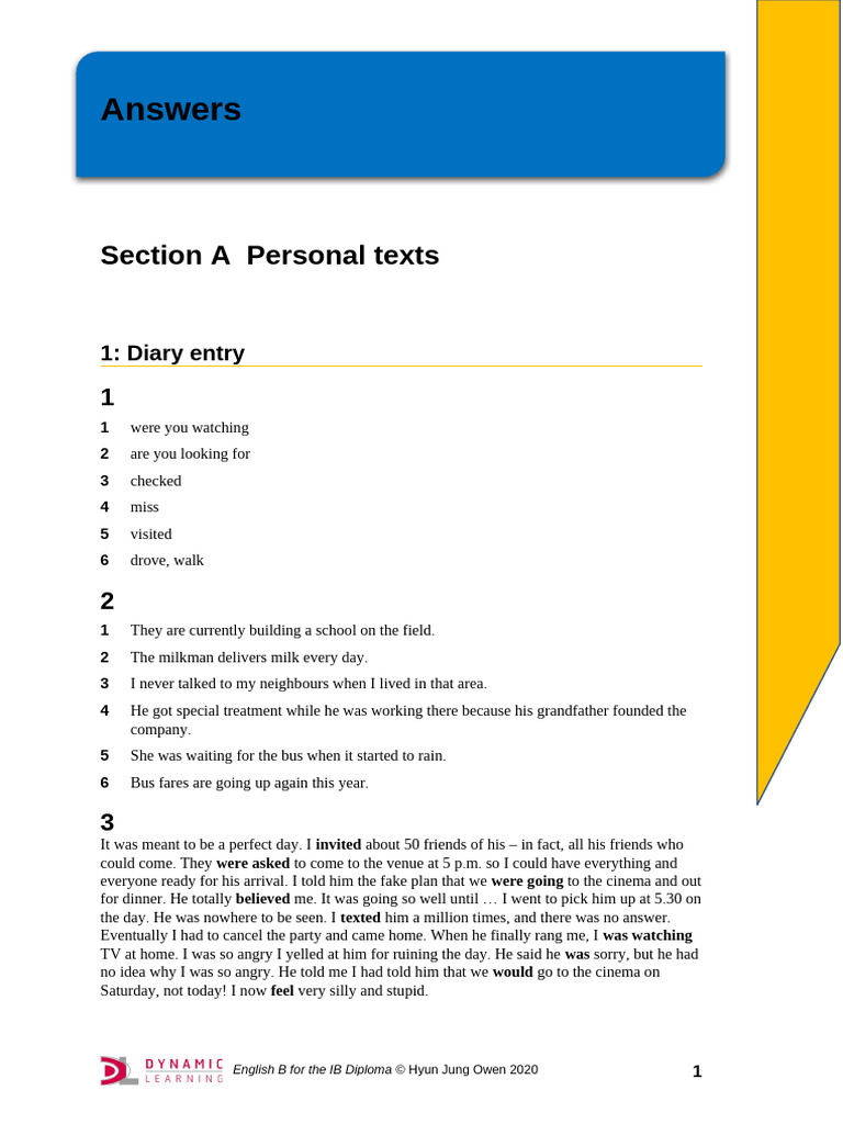 English B Grammar and Skills Workbook Section A 1 Diary Entry Answers | PDF