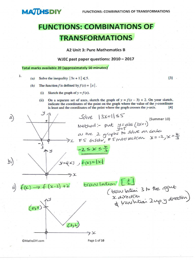 Functions Combinations of Transformations SOLUTIONS v1 | PDF