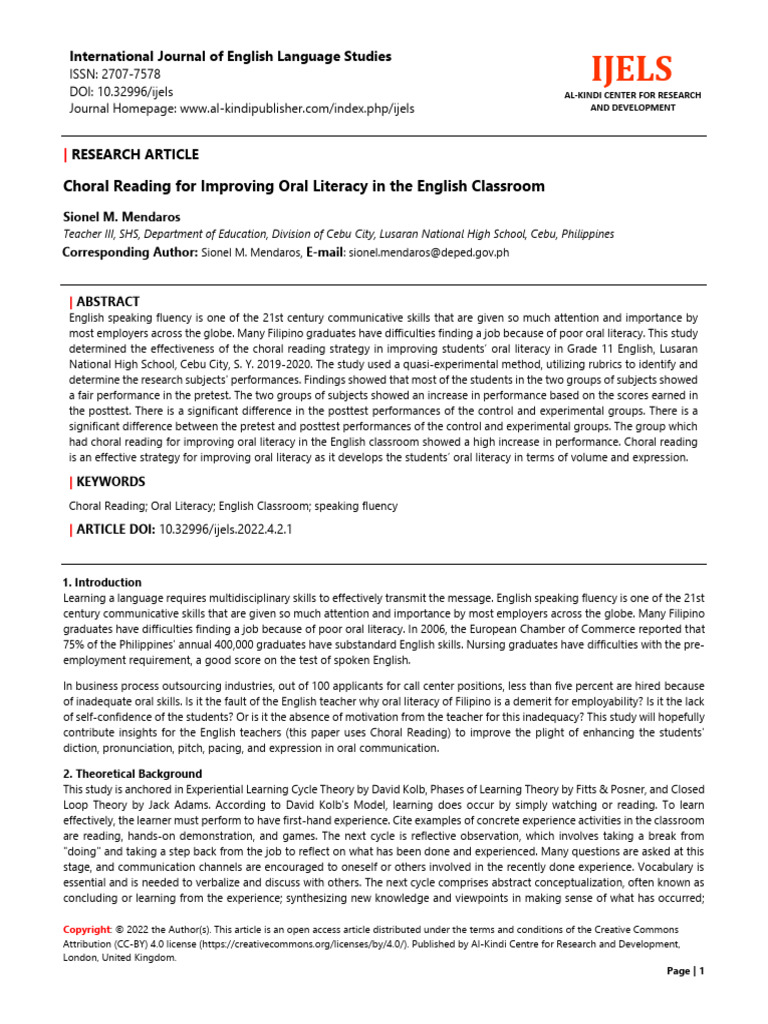 Choral Reading For Improving Oral Litera | PDF | Stress (Linguistics) | Learning