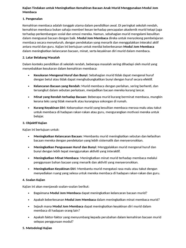 Kajian Tindakan untuk Meningkatkan Kemahiran Bacaan Anak Murid Menggunakan Modul Jom Membaca | PDF