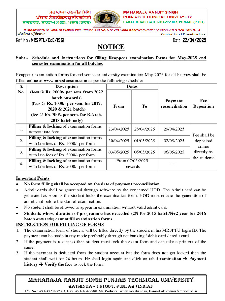 Schedule and Instructions For Filling Reappear Forms For May-2025 End ...