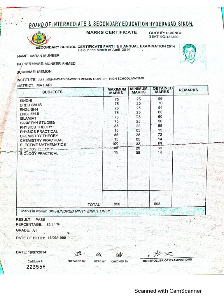 My Matric Marksheet | PDF