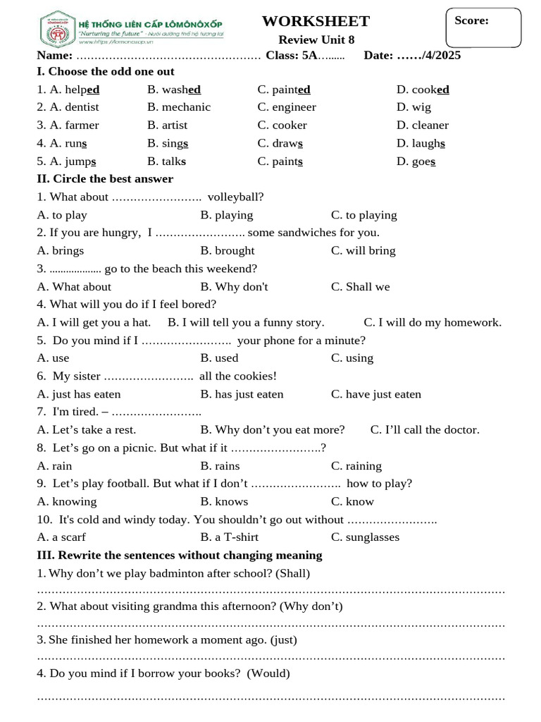 SM5 - Phiếu ôn U8 | PDF